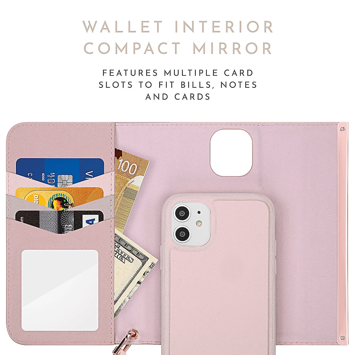 HABITU [Folio Collection 2022 Eris Tri-Fold Pink Wallet Case for iPhone 12 Pro Max, Detachable Vegan Leather Magnetic Folio with Card Pockets, Mirror & Strap for Women, for Women