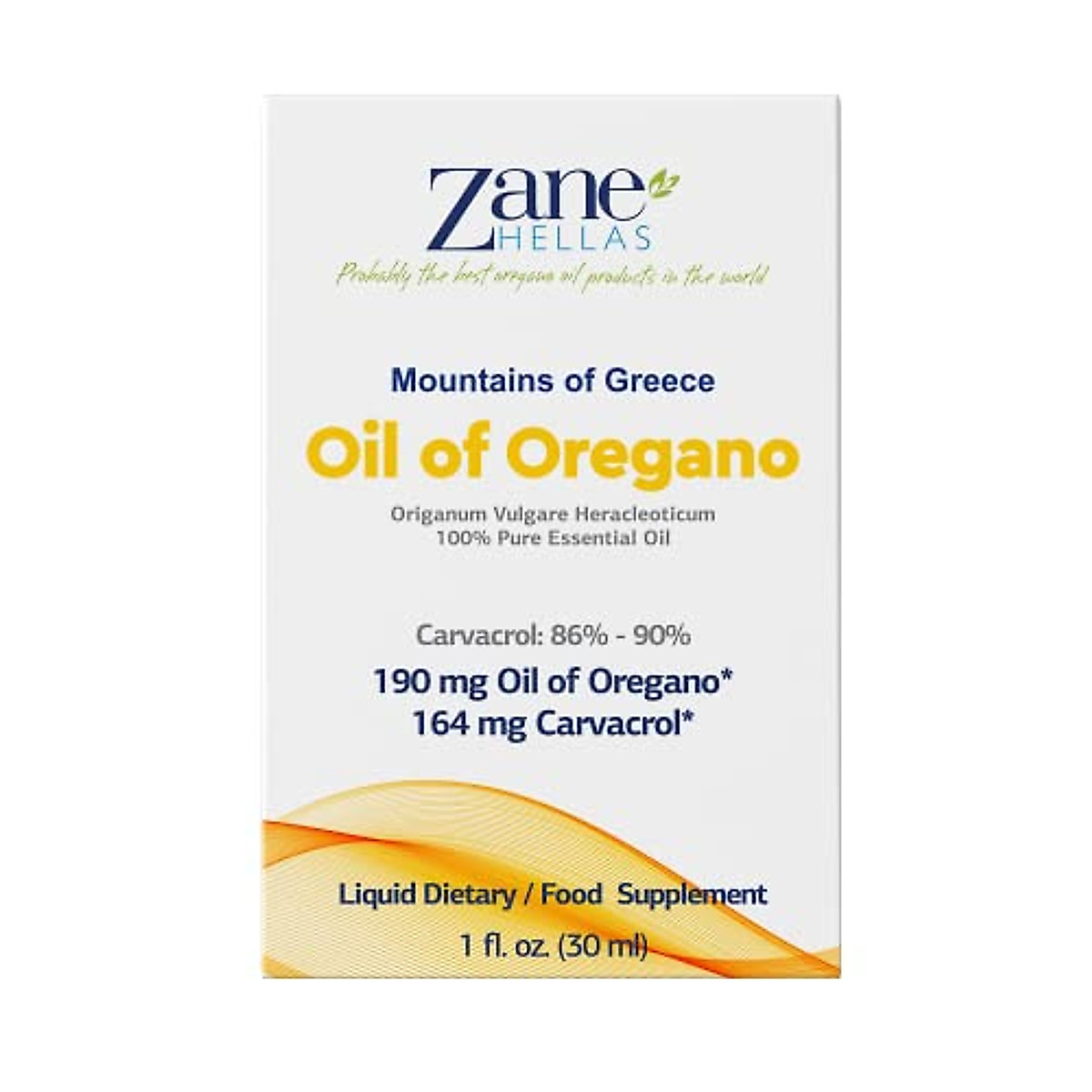 Zane Hellas 190 mg Oregano Oil-164 mg Carvacrol per Serving-4 Drops Daily. 100% Greek Undiluted Oil of Oregano. 86%-90% Min Carvacrol. Probably The Best Oregano Oil in The World. 1 fl. oz.- 30ml