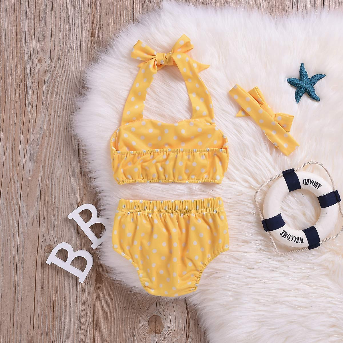 Baby Girl Bikini,Kids Toddler Polka Dot Swimsuits Halter Swimwear Bikinis Set with Headband (Yellow, 3-6 Months)
