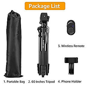 Camera Tripod,Video Tripod with Fluid Head, Arsoer 60" Vlog Tripod with Wireless Remote/Carry Bag/Rotatable Phone Holder, Compatible with iPhone/Canon/Nikon/Sony/Telescope, for Vlogging/Shooting