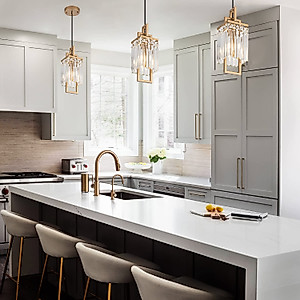 lighceac Modern Gold Pendant Light Fixtures for Kitchen Island and Dining Room, Industrial Small Hanging Crystal Chandelier Light Fixture for Bedroom Entryway Living Room Foyer Hallway 3-Pack