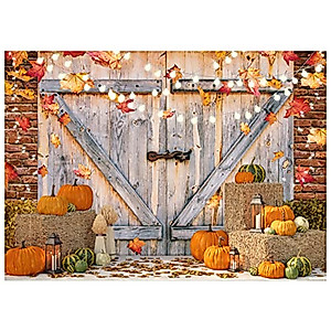 AIIKES 7X5FT Fall Thanksgiving Backdrop Autumn Pumpkin Harvest Barn Door Photography Backdrop Light Post Maple Leaves Haystack Thanksgiving Party Decorations Photo Studio Prop 12-457