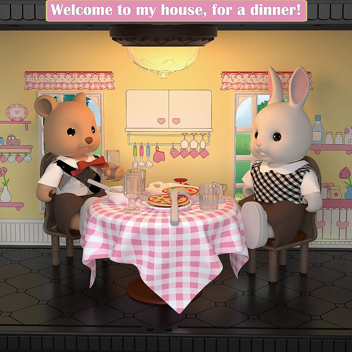 MITCIEN Dollhouse Kit Playset Little Critters Bunny Dolls for Girls with Swimming Pool and Slideside Family Toys for Toddler 3 4 5 6-Year-Old Girl