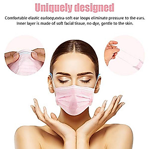 Wecolor 100 Pcs Disposable 3 Ply Earloop Face Masks, Suitable for Home, School, Office and Outdoors (Pink)
