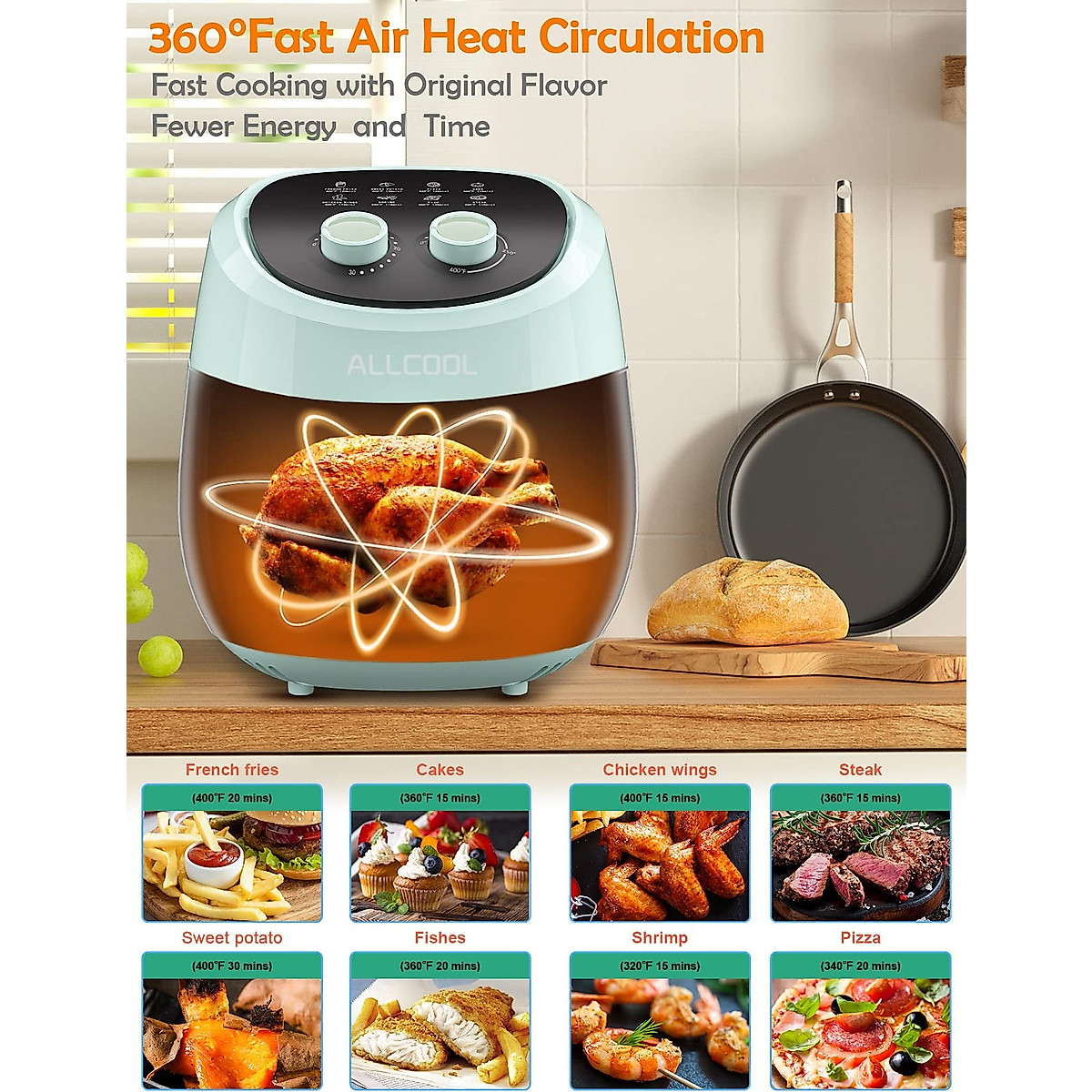 ALLCOOL Air Fryer 4.5 QT Fit for 2-4 People Easy to Use with 8 Cooking References Auto Shutoff Blue Air Fryer