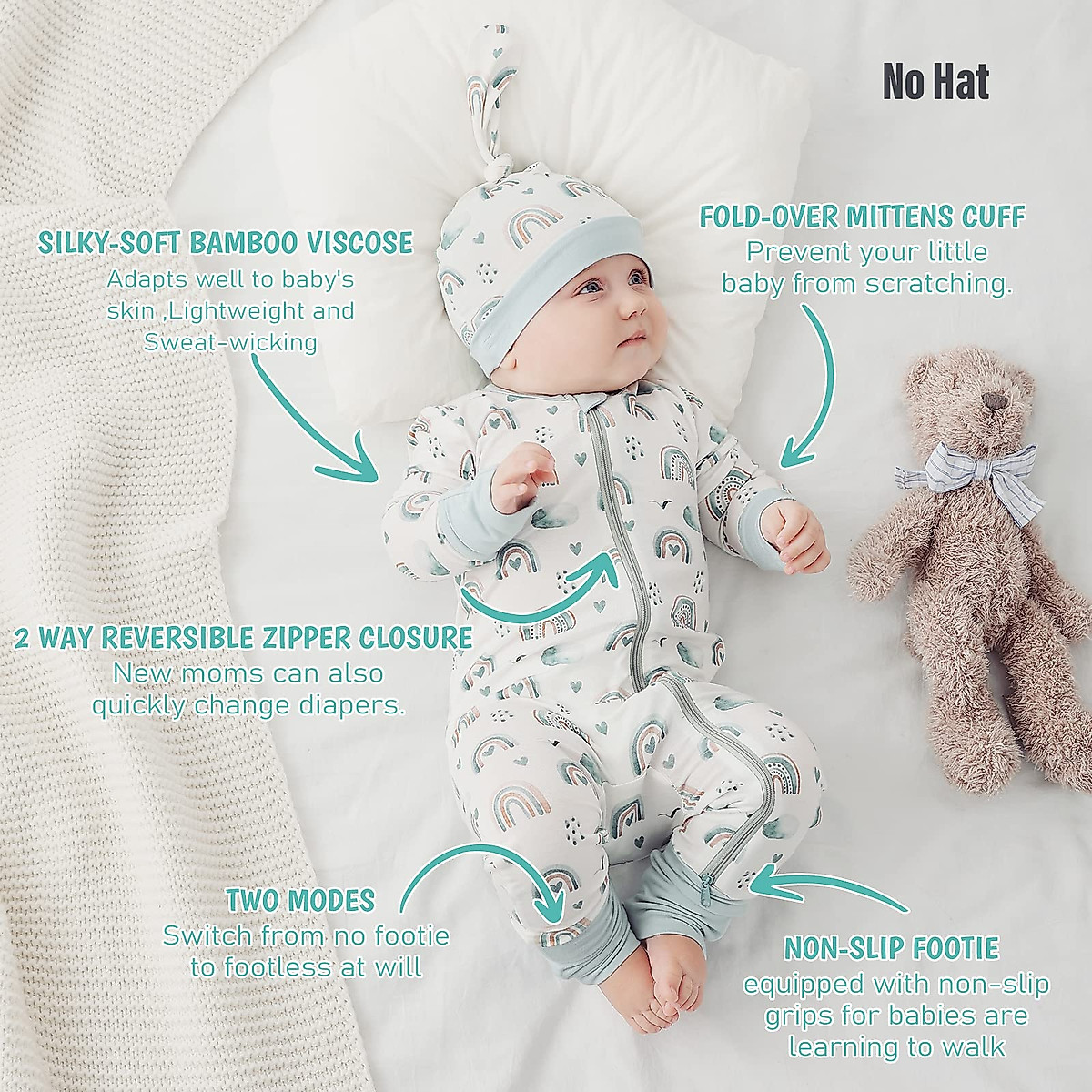 OPAWO Viscose from Bamboo Onsies for Baby Girls' One-Piece Rompers with 2 Way Zipper Mittens Cuff Infant Footless Sleep 'N Play6-12 Month