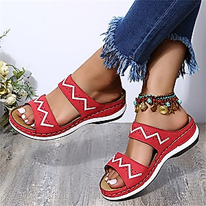 Round Women's Shoes Shoes Wave Pattern Toe Sandals Wedge Open Beach Toe Women's Sandals Women Wedge Sandals Size 8 (Red, 9.5)