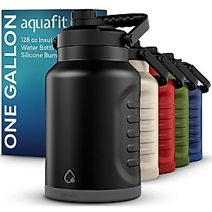 AQUAFIT One Gallon Water Bottle Insulated - Gallon Water Jug 128 oz - Large Water Bottle Insulated Growler - 1 Gallon Water Jug, Stainless Steel Big Water Bottle (Midnight Black)