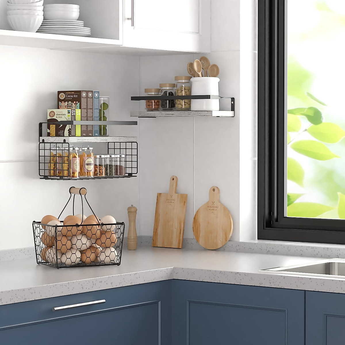 TARGETHOBBY HOBBYMATE Floating Shelves, Wall Mount Storage & Organizer Shelf with Metal Basket and Guardrail, Wall Decor Display Shelves - Rustic White