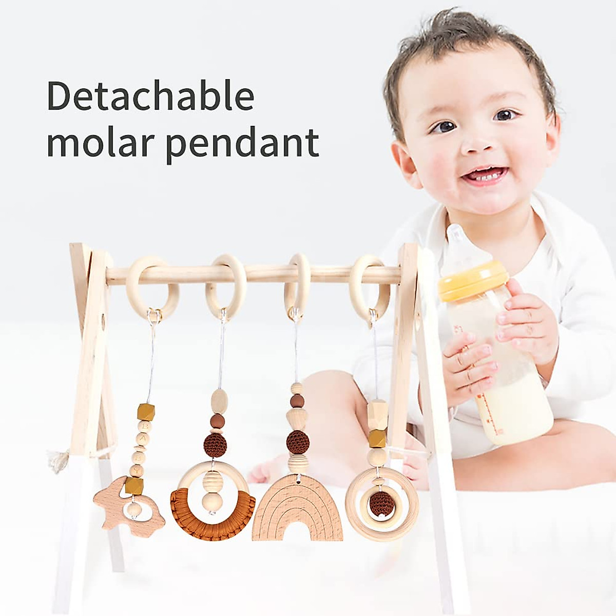 Mersuii 4Pcs Wooden Baby Gym Baby Hanging Toys Wooden Circle Activity Gym Hanging Bar Interactive Toys Baby Gift Children Room Decoration Pendant