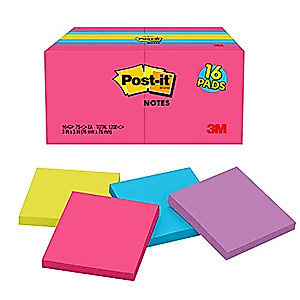 Post-it Notes, 3x3 in. Bulk 16 Pads/Pack, 75 Sheets Per Pad, Assorted Bright Colors Sticky Notes Including Hot Pink Purple Blue and Yellow Colors,