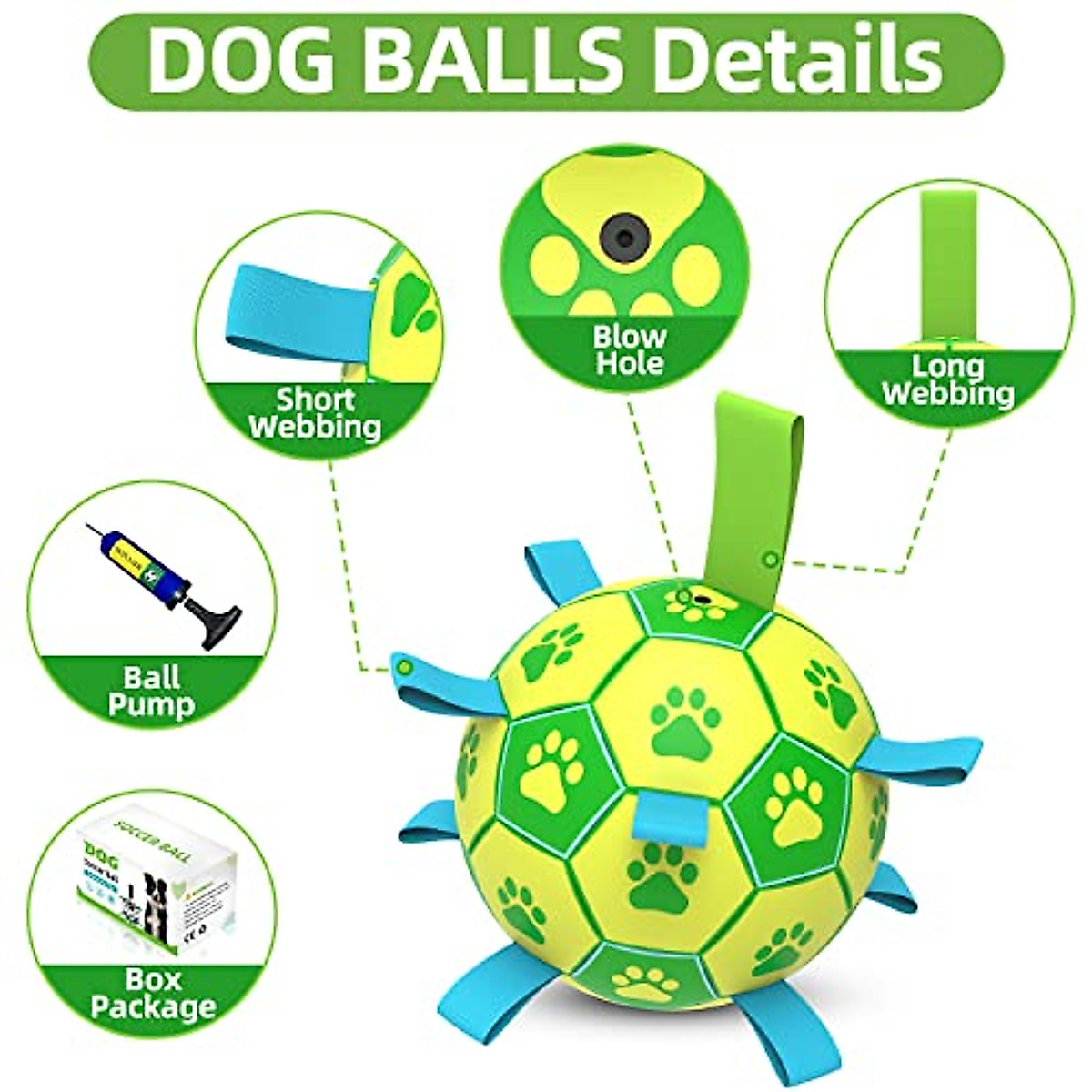 QDAN Dog Toys Soccer Ball, Interactive Dog Toys for Tug of War, Dog Tug Toy, Dog Water Toy, Durable Dog Balls for Small & Medium Dogs-Green&Yellow(6 inch)