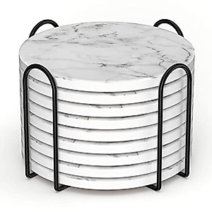 9 Pieces Ceramic Coasters for Drinks with Holder, Billbotk Absorbent Drink Coasters for Coffee Table, Marble Style Coasters Wooden Table, Suitable for Kinds of Cups, 4 Inches