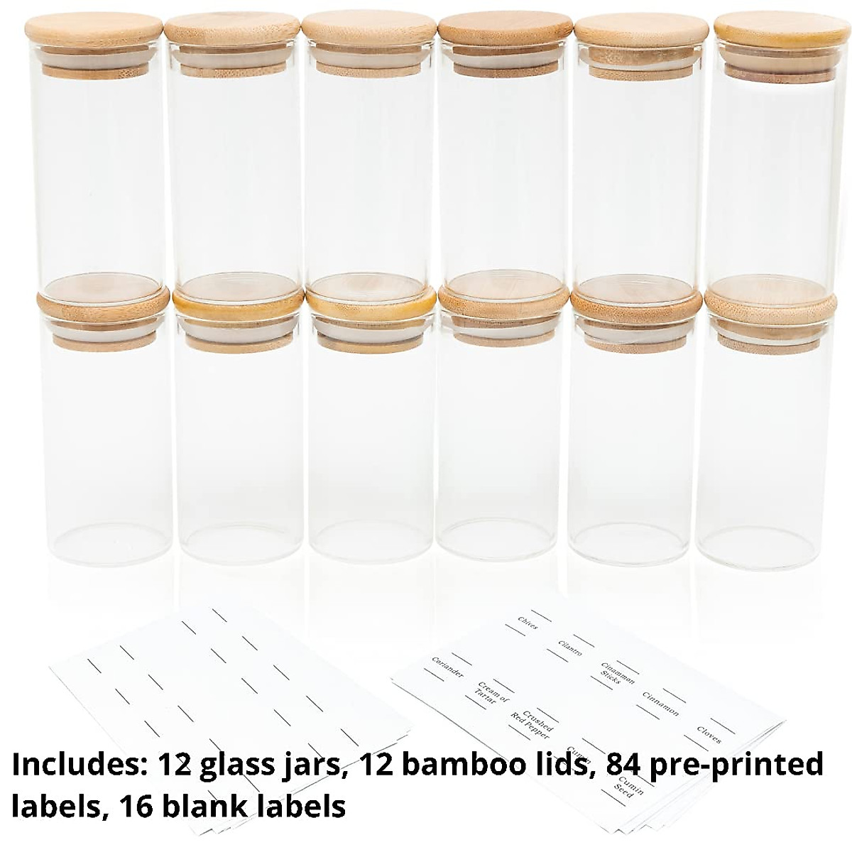 12 Piece- 5oz Eco-friendly Bamboo Lid Glass Spice Jar Set with 84-Minimalist Pre-Printed Waterproof Spice Labels, 16-Blank Labels– For Spices, Seasoning, Herb Storage and Kitchen Organization