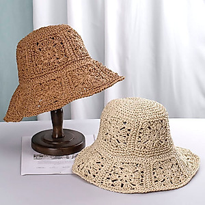Women Straw Sun Hat Floral Woven Crochet Bucket Hat Y2k Aesthetic Accessories Beach Hat Hand Woven Boho Foldable Cap (Beige,One Size)