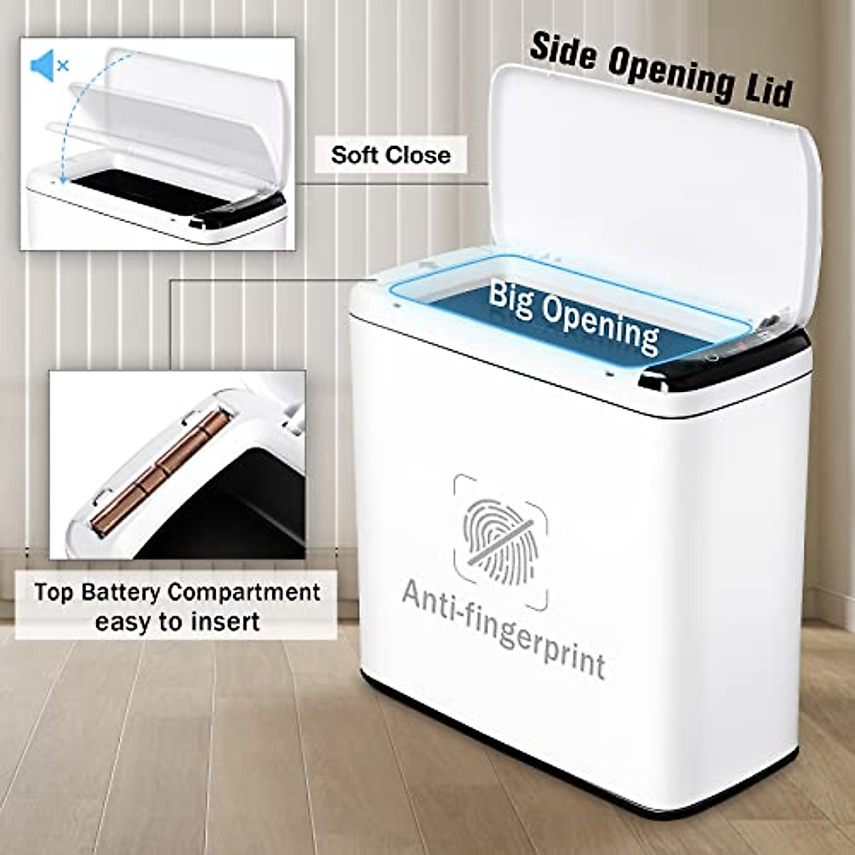 TrashAid Touchless Motion Sensor Trash Can with Lid, 2.4 Gallon Bathroom Stainless Steel Slim Trash Bin Automatic, Small Office Garbage Can White Wastebasket for Toilet, rv, livingroom, 9 Liter