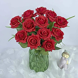 HUAHUASHIJIE 12 Stems Artificial Flowers Silk Roses Fake Flowers Bridal Wedding Bouquet，Realistic Blossom Flora for Home Garden Party Hotel Office Decoration (Red)