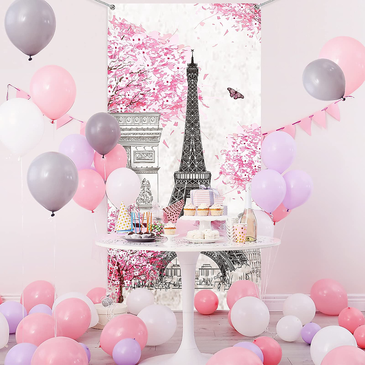 Tatuo Paris Eiffel Tower Backdrop Pink Eiffel Tower Background Banner 70.9 x 35.4 Inch Paris Pink Tree Wall Hanging Decor for Girls Bedroom Living Room Photograph Party Decoration