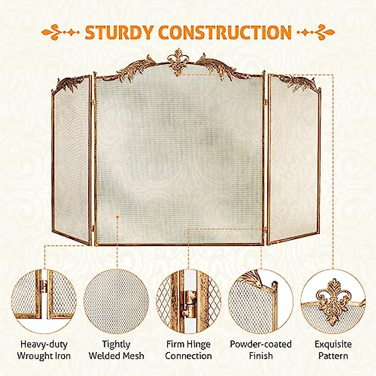 WICHEMI Fireplace Screen 3 Panel Folding Fireplace Screens 50.4 x 32.3 Inch Metal Furnace Fireguards Mesh Cover Baby Safe Proof Fence Spark Guard Cover Wrought Iron Fire Place Standing Gate (Golden)