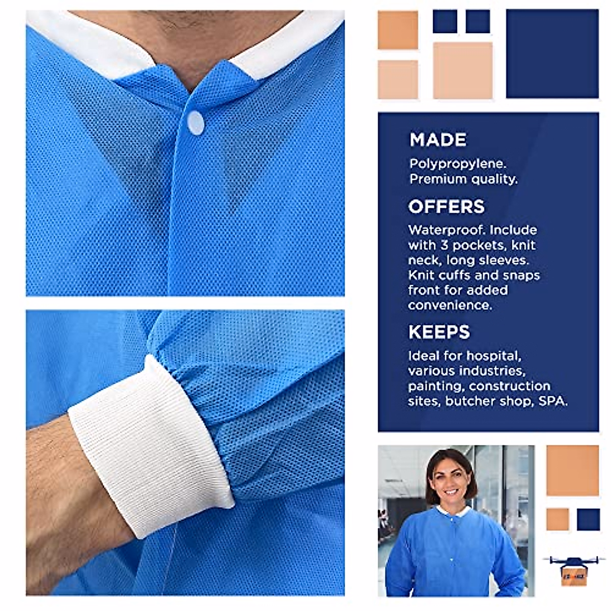 EZGOODZ Blue Disposable Lab Coats for Adults, Large. Pack of 10 SMS Disposable Coats Medical with Snaps, Knit Cuffs, Collar, 3 Pockets. Waterproof and Breathable 40 GSM Painting Lab Coats