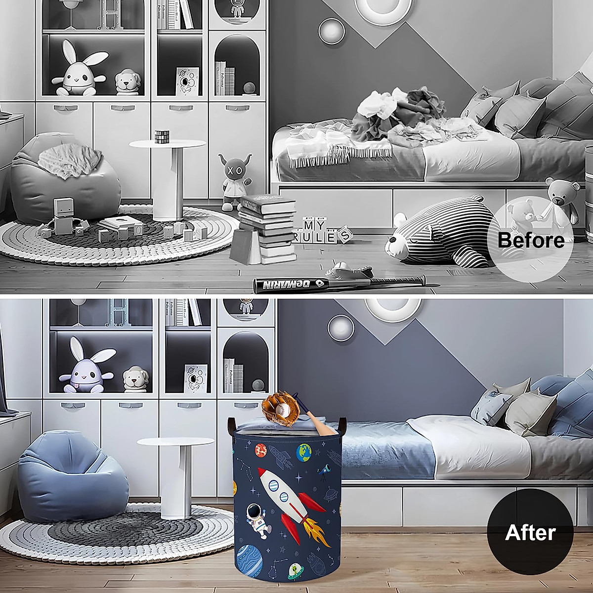 Clastyle 45L Rocket Astronaut Laundry Hamper for Bedroom Waterproof Collapsible Blue Universe Toys Storage Basket with Drawstring, 14.2 * 17.7 in