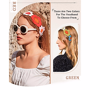 Ufgin HAIRBAND for Women - Handmade Crochet Headband, Adjustable Hippie Hair Bandanas, Boho Headbands, Knit Hair Bands - 2 Count (Red, Green)