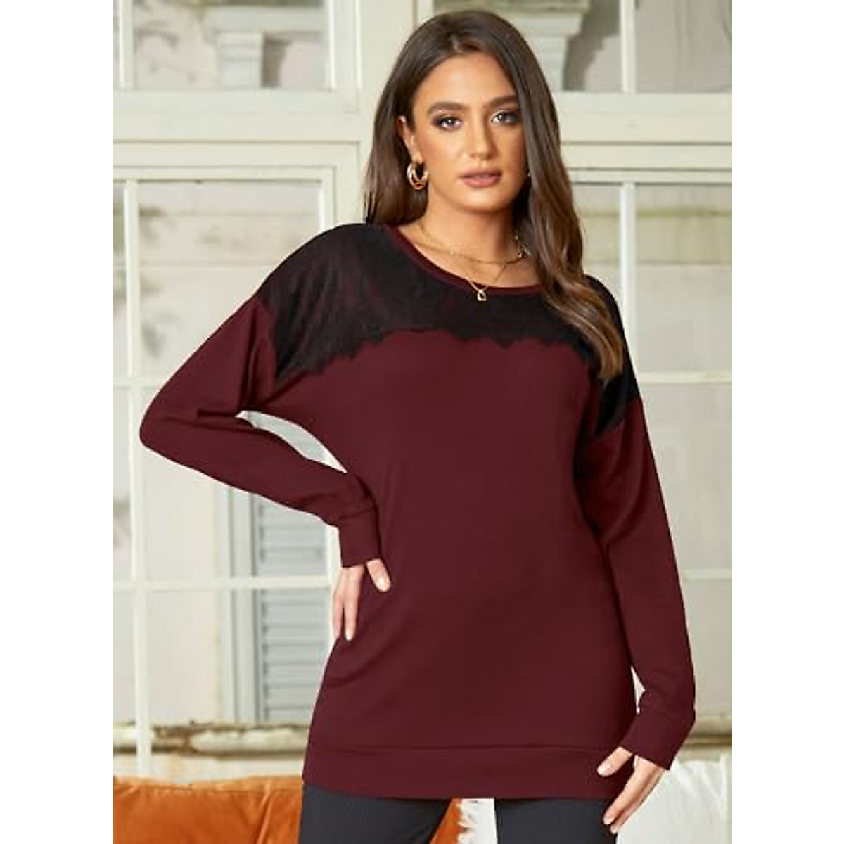 For G and PL Lady Fall Dressy Long Sleeve Holiday Blouse Cotton Lightweight Crewneck Sweatshirt Maroon L