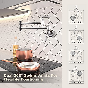 Pot Filler Faucet Brushed Nickel, ARCORA Modern Pot Filler Wall Mount Kitchen Folding Faucet 2 Handle with Double Joint Swing Arms Brass Stove Faucet
