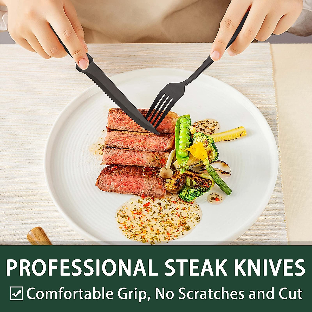 48-Piece Black Silverware Set with Steak Knives, Black Flatware Set for 8, Food-Grade Stainless Steel Tableware Cutlery Set, Kitchen Cutlery for Home Office Restaurant Hotel