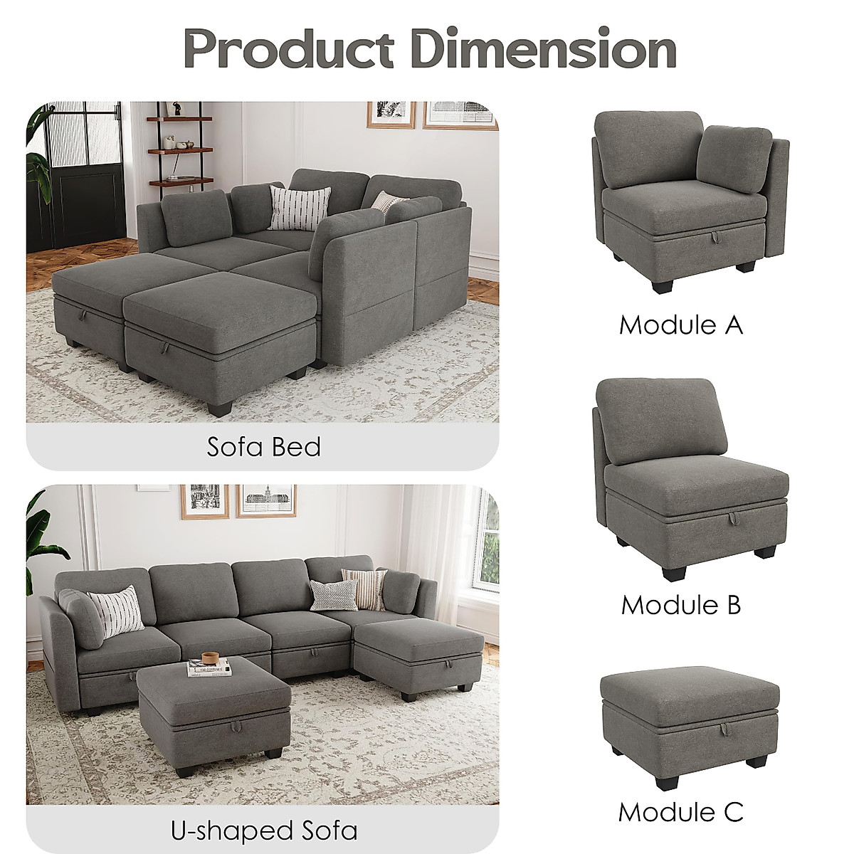AYEASY Modular Sectional Sofa, U Shaped Sofa Couch with Storage Seats, Sectional Couches for Living Room with Chaise, 6 Seats Convertible Sofa Bed High Supportive with Adjustable Backrest 112", Grey