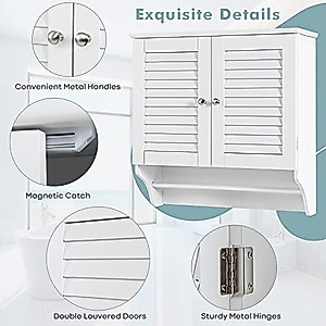Tangkula Bathroom Medicine Cabinet, Wall Mounted Double Louvered Doors Storage Cabinet with Height Adjustable Shelf and Bar, Hanging Storage Bathroom Cabinet Organizer, White