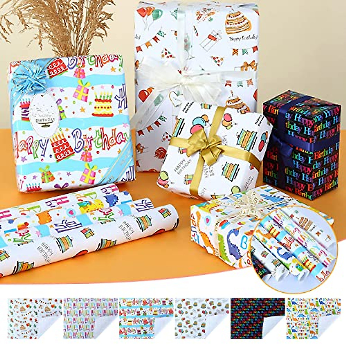 Birthday Wrap Wrapping Paper for Boys Girls Adults Cartoon Coated Paper Sheet Happy Birthday Gift for Kids Holiday Decoration 6 Cute & Funny Different Designs 27.56 x 19.69 Inch (6 PC)