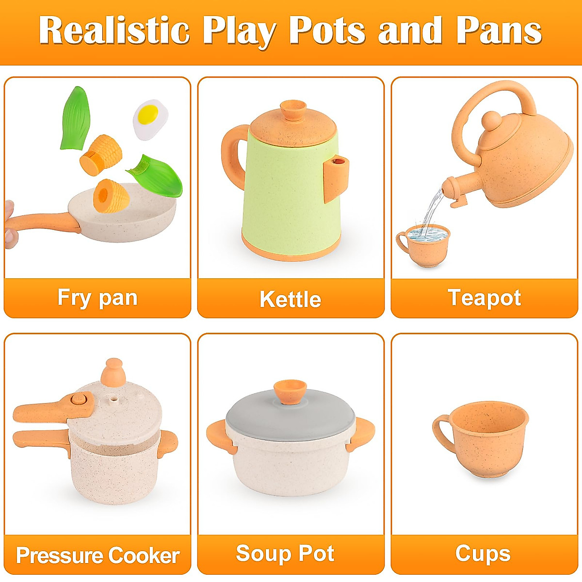 TUEHUTDE 50PCS Play Kitchen Accessories, Kids Kitchen Toy Toddler Cooking Playset with Play Pots and Pans, Kettle, Cups, Utensils Cookware Toys, Play Food, Toy Vegetables Fruit Gift for Girls Boys