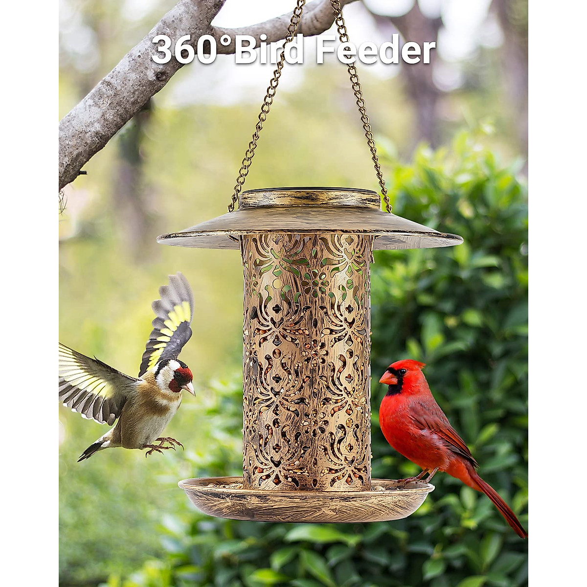 SWEETFULL Solar Bird Feeder for Outdoors Hanging, Metal Wild Bird Feeder for Cardinals Solar Garden Lantern with S Hook as Gift Ideas for Bird Lovers (2LBs Heavy Duty Weather Resistance birdfeeders)
