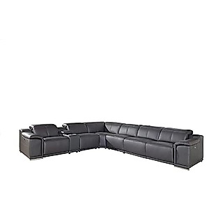 Blackjack Furniture Venice 7 Piece Italian Leather Sectional Sofa with 3-Power Recliners, Adjustable Headrest, Lumbar Support, USB and Wireless Charging Station, Extra Large Storage, 1 Console, Gray