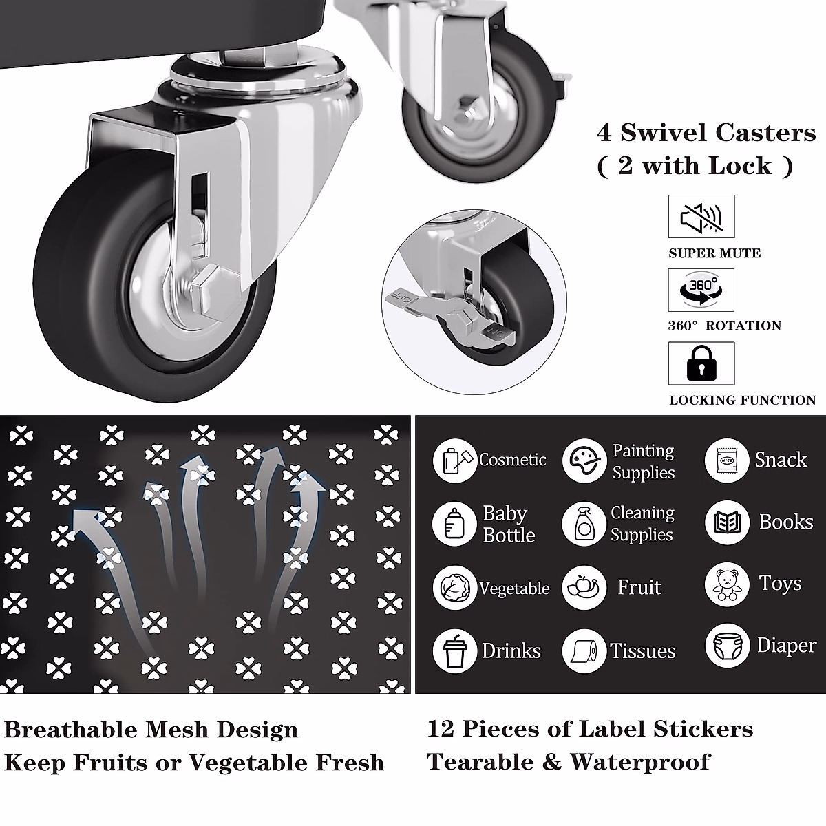 UDEAR 5-Tier Rolling Utility Cart with 12 Category Labels,Multifunctional Storage Shelves with Handle and Lockable Wheels for Room,Office,Kitchen,Bathroom,Black