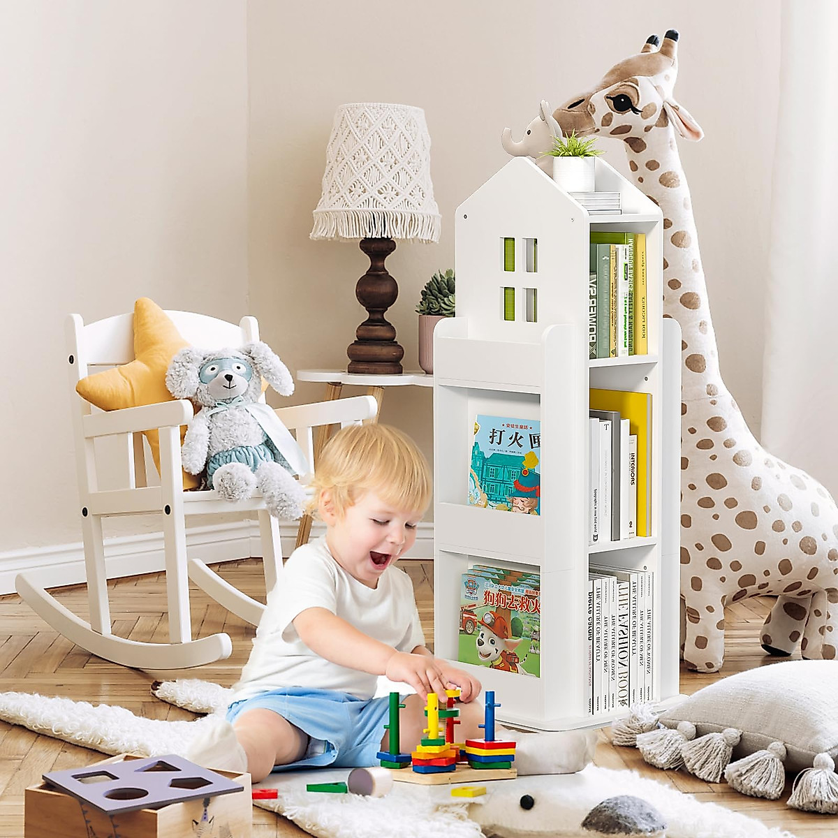 Nisorpa Rotating Bookshelf 360° Display Floor Standing Bookcase Freestanding Storage Organizer Holder Book Rack for Kids Multi-Functional Bookshelf Organizer 37.4'' x 13.38'' x 13.38''