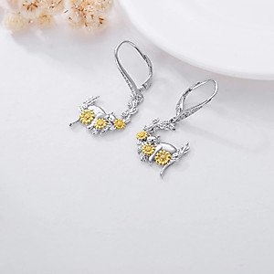 Lazy Sleeping Cat Moon Leverback Dangle Earrings with Sunflower S925 Sterling Silver Bohemian Lying Down Floral Cat Cute Kitten Dangling Drop Earrings Jewelry for Women Teen Girls