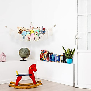 Zeesa Stuffed Animal Net or Hammock, Boho Hanging Net Storage with Macrame, Corner Toy Net Holder for Plush Toys Display, Beige