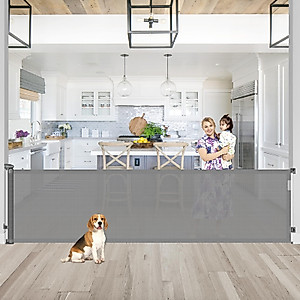 95 Inch Long Baby Gate Retractable Dog Gate for Large Openings Retractable Baby Gates New Upgrade Stair Gates for Kids or Pets Indoor Outdoor Retractable Gate Mesh Dog Gate for Stairs, Doorways, Gray