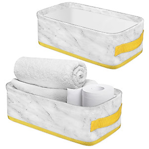 Tablerazzi White Marble Toilet Tank Topper Paper Basket with Handle, Abstract Marble Storage Basket for Organizing, Small Fabric Storage Bins for Bathroom Decor