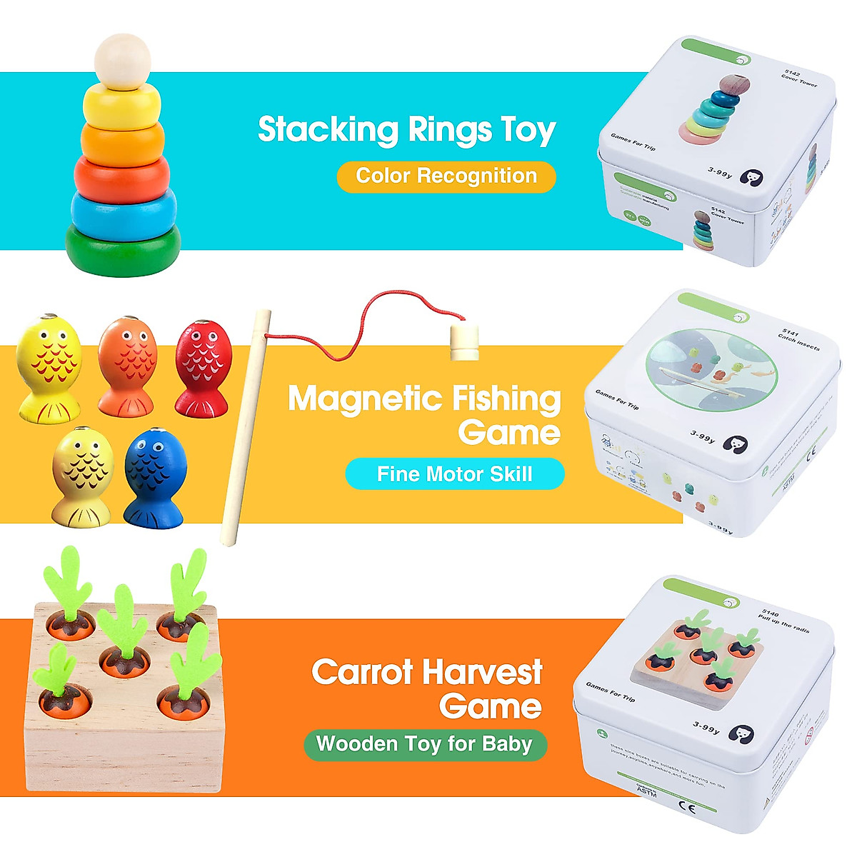 Uncle Nick Montessori Wooden Toy for Baby Stacking Raing Toy Carrot Harvesting Magnetic Fishing Game for 3 Year Old Boy Girls, Early Educational Learning Toy for Preschool