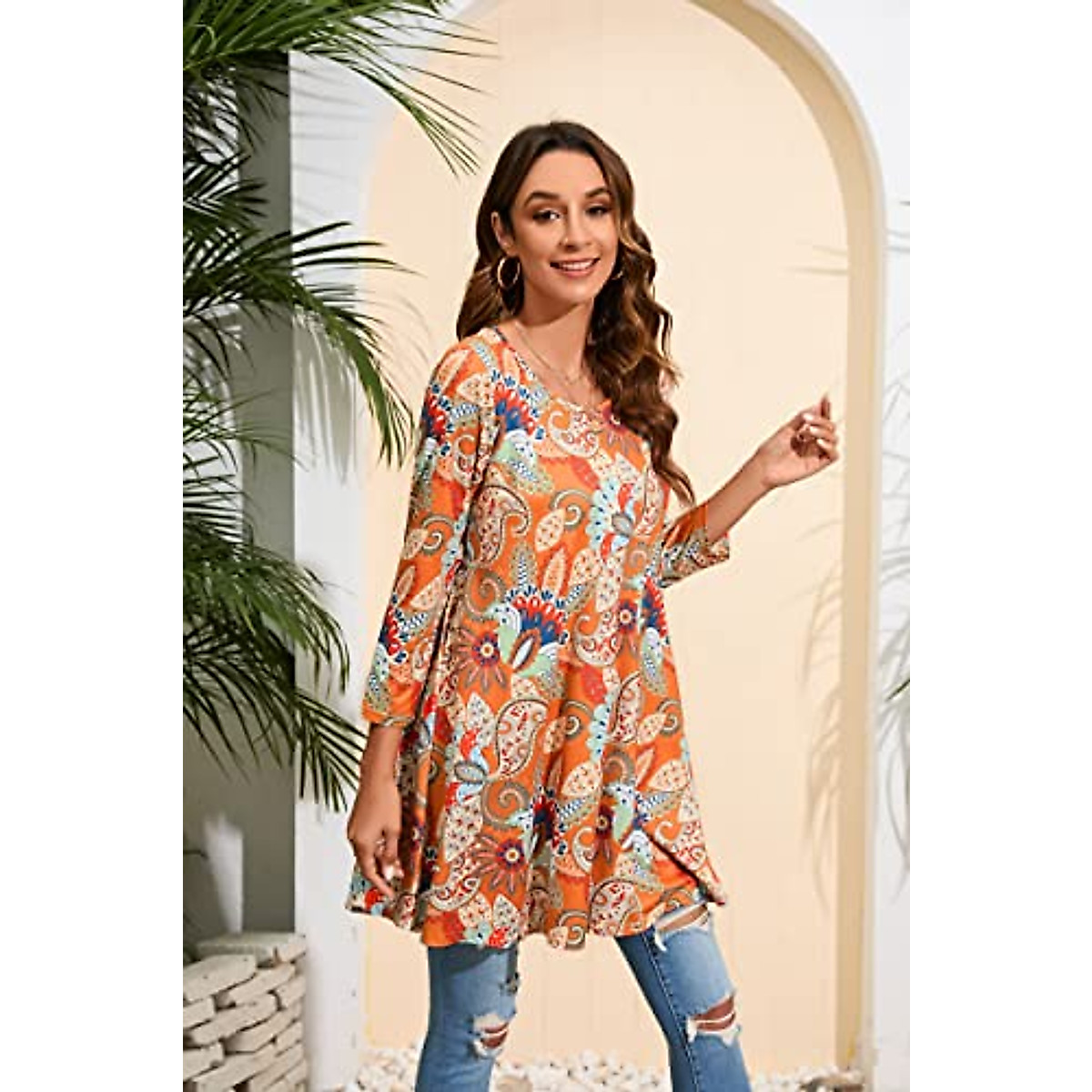 ENMAIN Women's Tunics Tops Plus Size Loose Fit 3/4 Sleeve Top Dressy Casual Swing Paisley Floral Orange Crewneck Hide Belly Tunic Tops to wear with Leggings