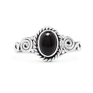 Oval Black Onyx Spiral Sides Small Ring 925 Sterling Silver Vintage Tribal Gipsy Boho (8)