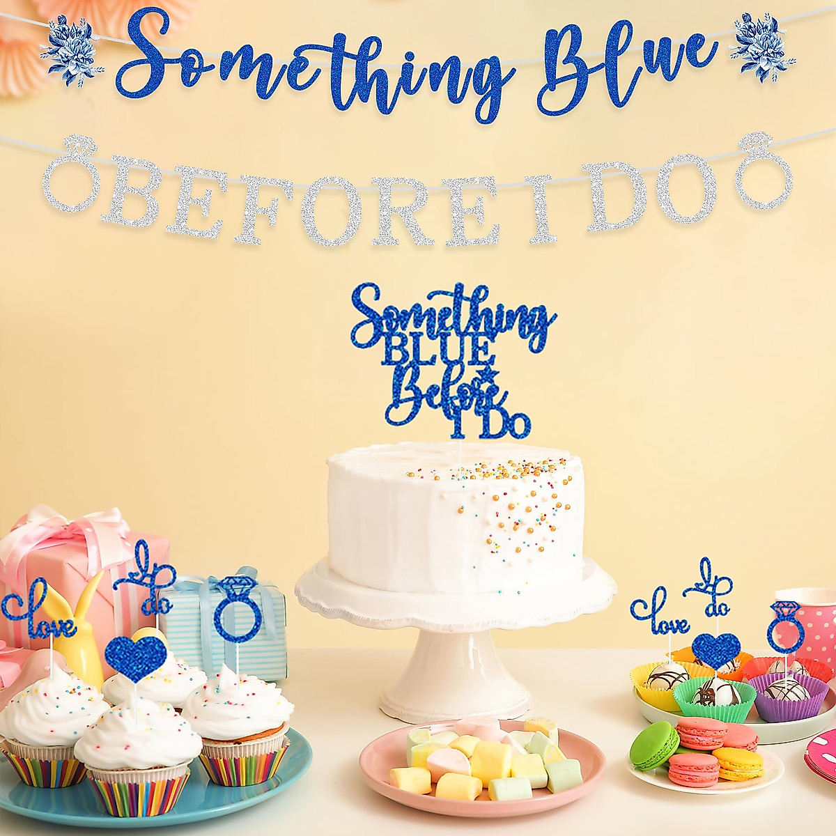 Something Blue Before I Do Banner Glitter with Cake Topper and Cupcake Toppers - Something Blue Bridal Shower Decorations,Bridal Shower Banner for Blue Bachelorette Wedding Engagement Party Supplies