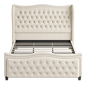 HOSTACK King Bed Frame, 55" Headboard Upholstered Bed with Tall Footbaord, Velvet Handmade Pleats Deep Button Tufted Wingback Platform Bed, No Box Spring Required/Wood Slat Support/Beige