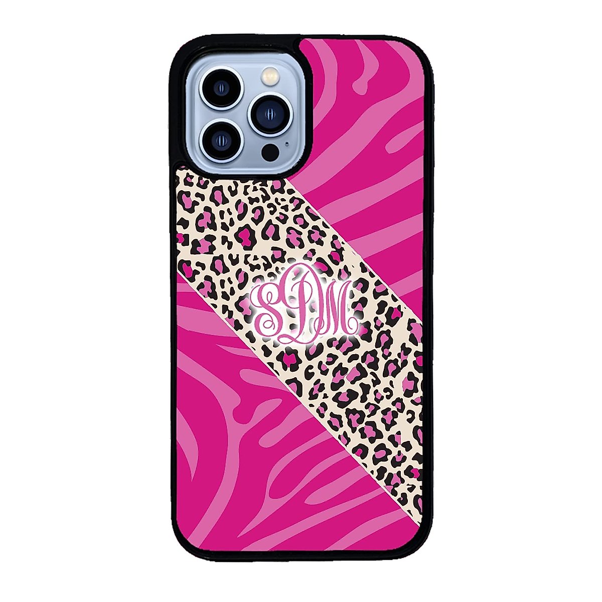 Pink Monogram Leopard and Zebra Monogram Black Rubber Phone Case Compatible with Apple iPhone 15 Pro Max Plus, 14 Pro Max Plus, 13 Pro Max Mini, 12 Pro Max Mini, 11, X XS Max, XR, 8 7 Plus