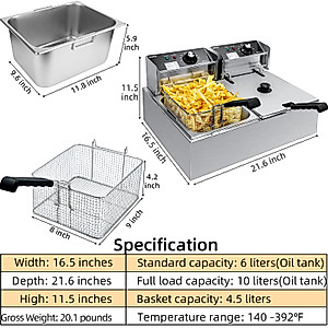 Commercial Deep Fryer with Basket - Large Capacity Stainless Steel Electric Oil Fryer for Restaurant or Home Use,3400W 12.7QT