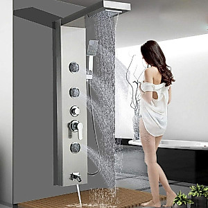 AlenArt Shower Panel Massage Jets Rainfall Waterfall Shower Head, Shower Stainless Steel Wall Mount Massage Multi-Function Bathroom Shower Panel Tower System, Brushed Nickel……