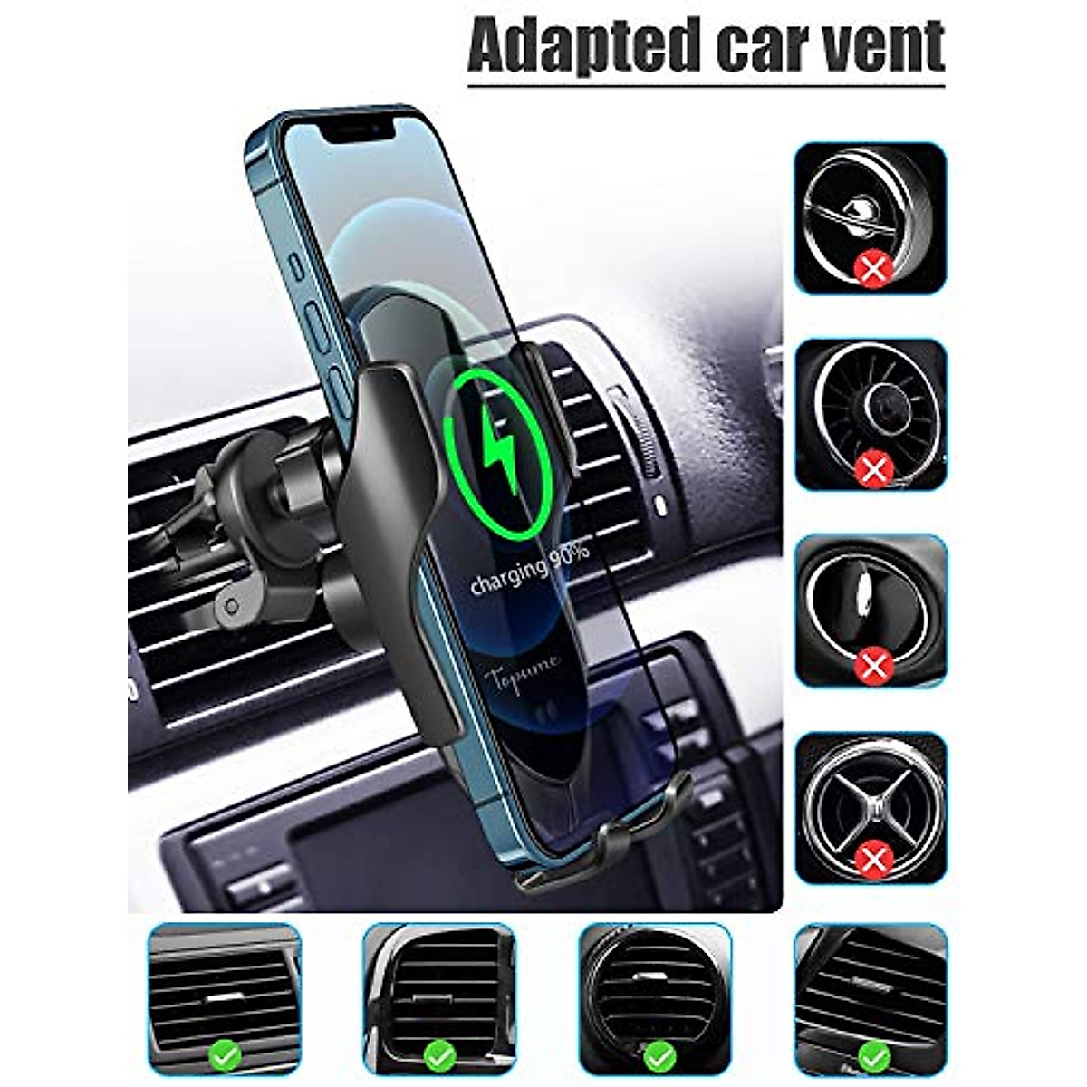 Wireless Car Charger,10W Qi Fast Charging Auto-Clamping Car Phone Mount Air Vent Phone Holder Compatible with iPhone 13/12/12Pro/SE/11/11Pro/11ProMax/XSMax/XS/XR,Samsung S10/S9/S8/Note10